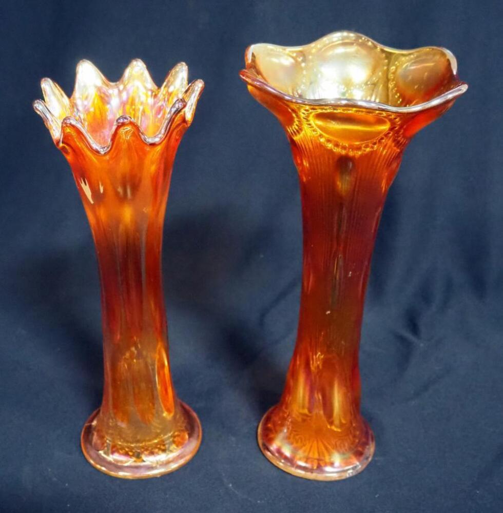 Imperial Beaded Bullseye Carnival Glass Vase 11 H And Fenton Long Thumbprint Carnival Glass
